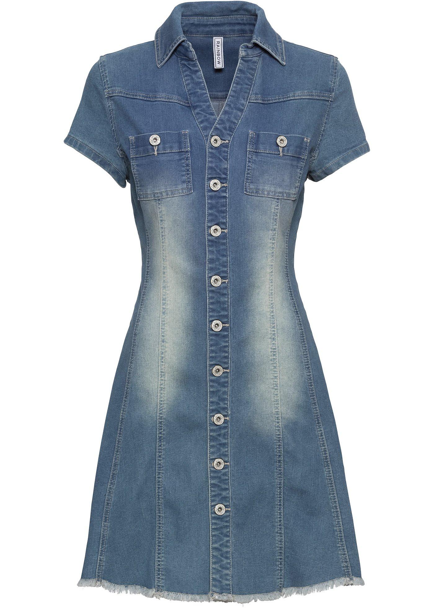 Trendy, innsvingt kjole av jeans-kvalitet, med knapper - blå denim