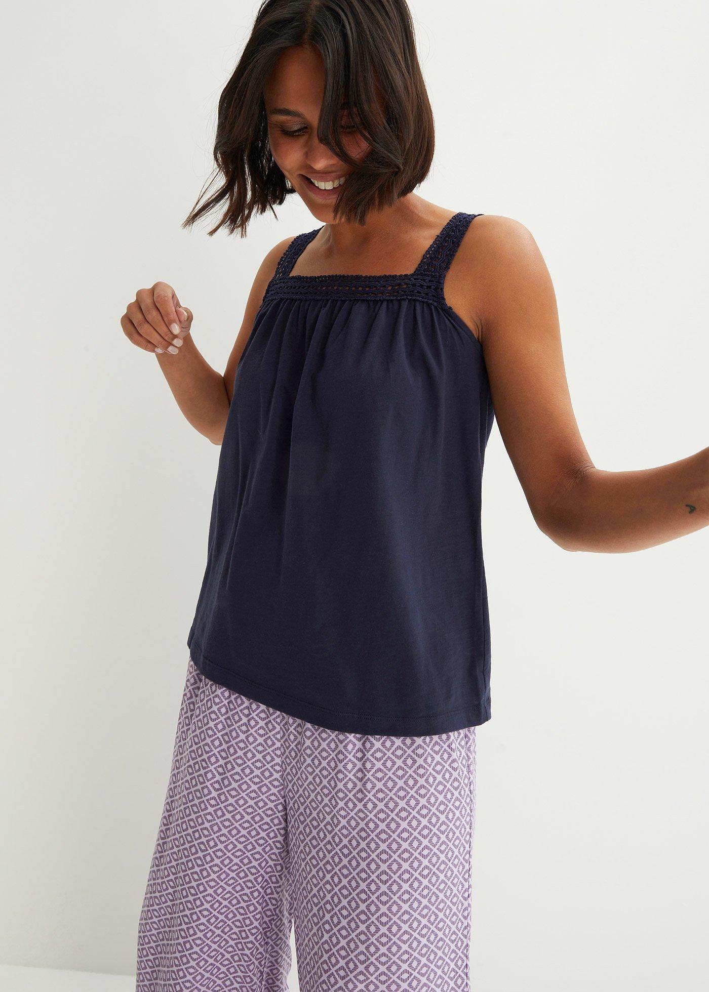 Ledig topp med stropper av blonde - mørk blå