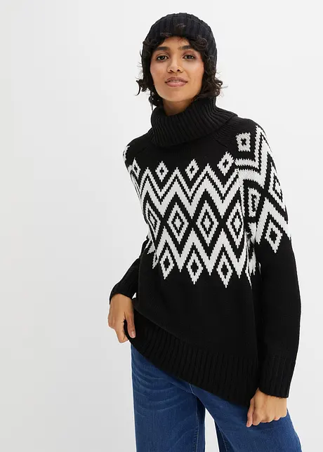 Myk genser med koftemønster - sort/naturhvit koftemønster