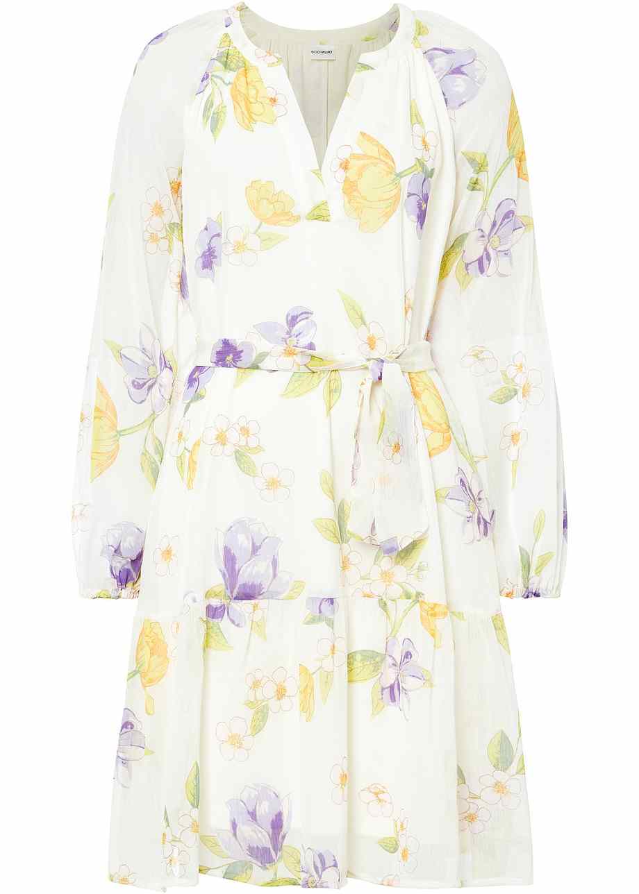 Pen kjole med knytebelte - hvit blomstret, regular