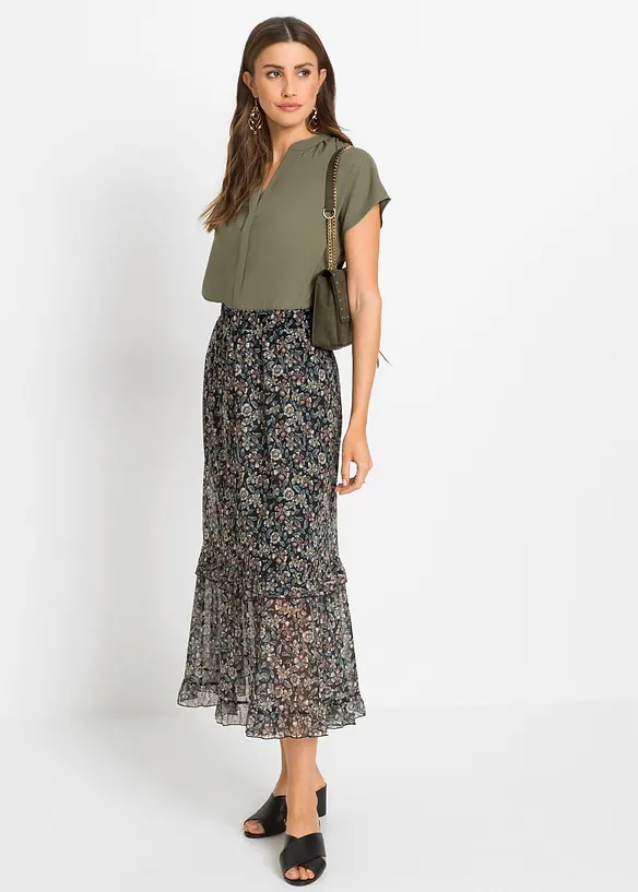 Stilig bluse med V-hals og skjult knappestolpe - oliven